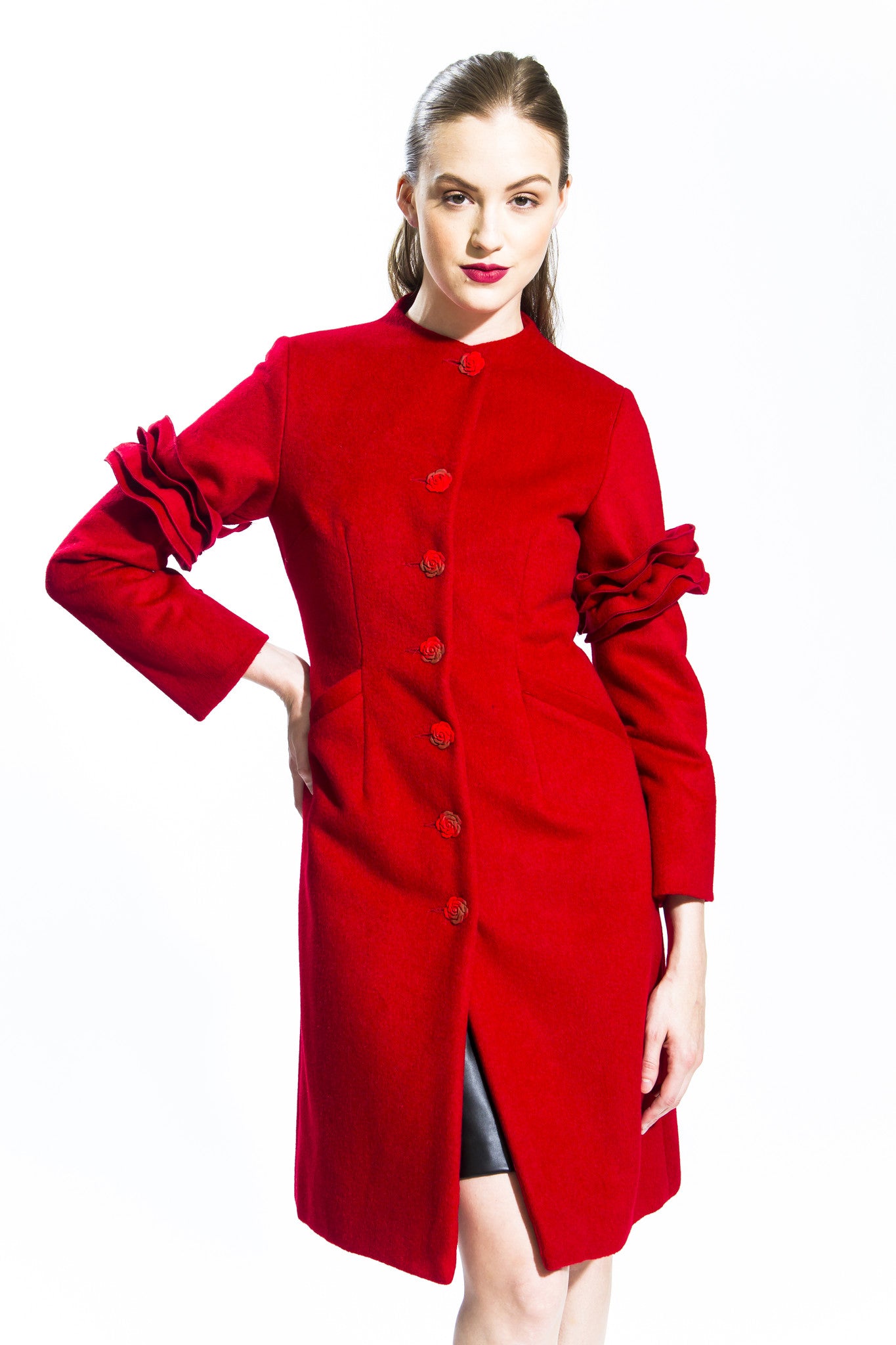 Carmine Transformable Ruffle Cashmere Coat Style # 141 – JSong Way